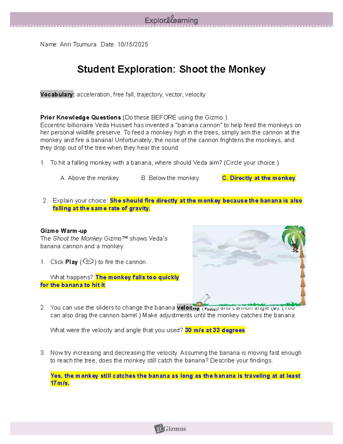 Module 3 Lesson 3 Assignment 2: Shoot the Monkey Gizmo Analysis - Studocu