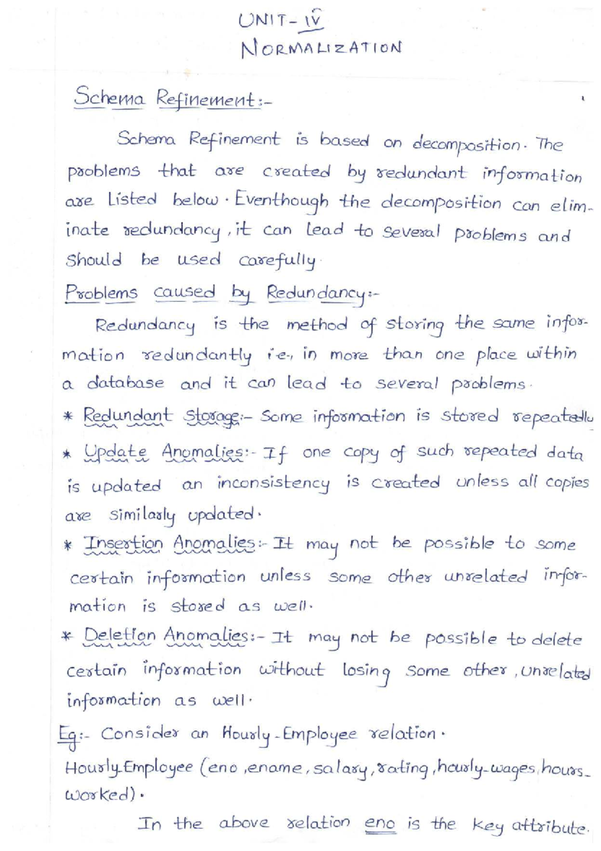 DBMS UNIT IV - Normalization and Schema Refinement Notes - Studocu