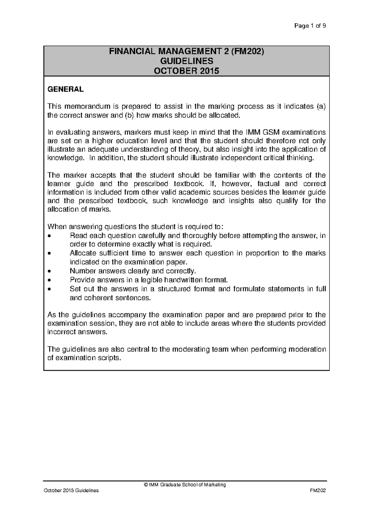 2015 FM202 - October Examination Guidelines for Financial Management ...