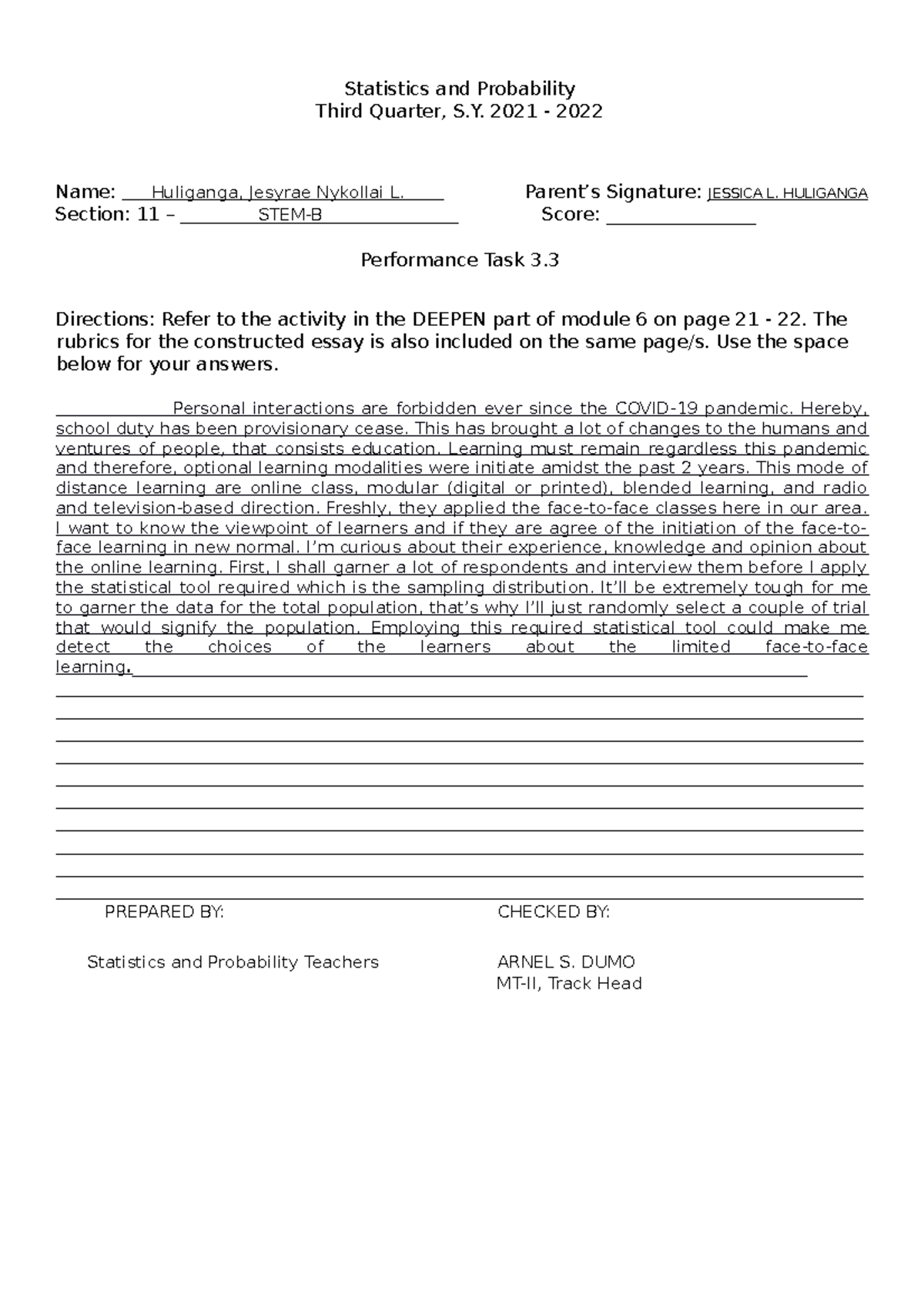 Performance Task 3: Statistics & Probability - Learner Perspectives - Studocu