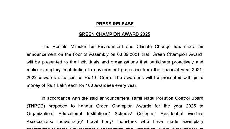 Green Champion Award 2025: TNPCB Press Release on Environmental ...
