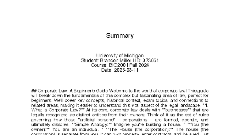 BIO200 Fall 2024: Corporate Law Fundamentals Guide - Studocu