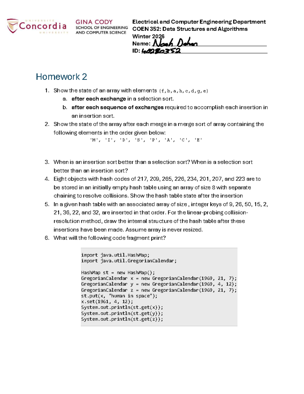 COEN 352: Data Structures & Algorithms - Homework 2 - Studocu