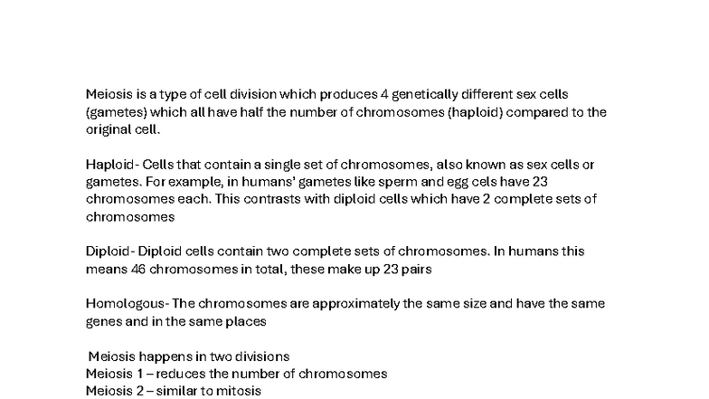 Biology 101: Meiosis Overview and Process Explained - Studocu