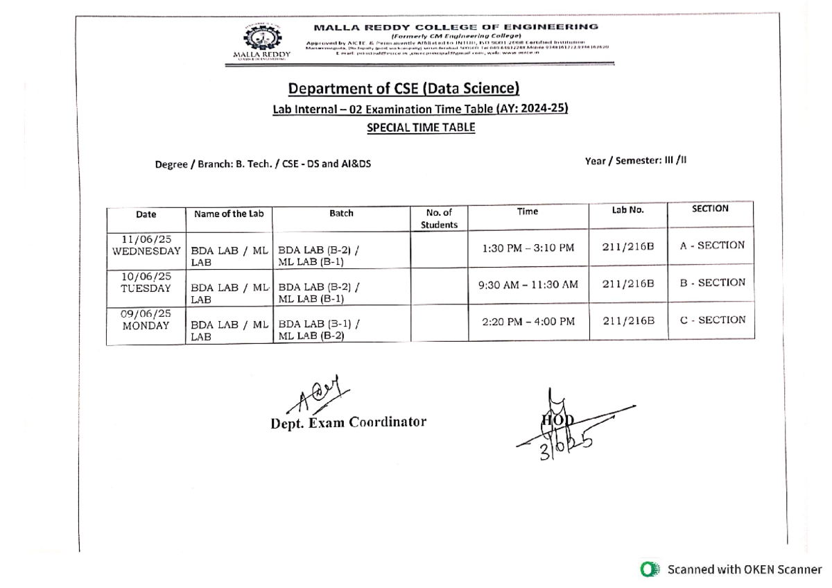 B. Tech CSE DS 3-2 Special Lab 2 Exam Time Table - Studocu