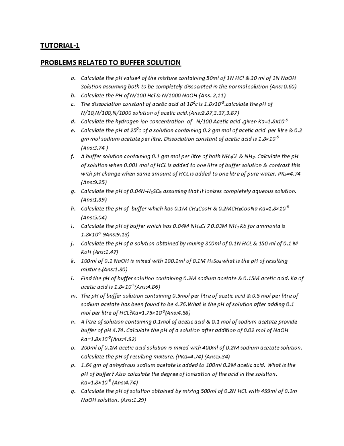 Buffer Solution Questions: pH Calculations and Analysis - Studocu