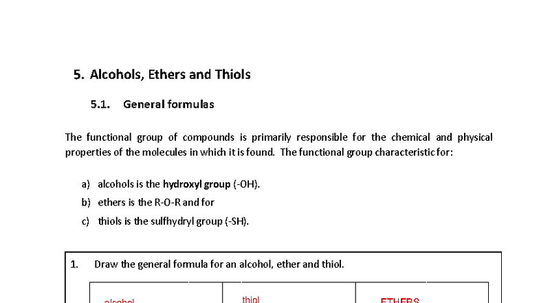 Alcohols, Ethers, and Thiols: General Formulas and Properties - Studocu