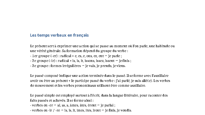 Les temps verbaux en français : Guide complet des conjugaisons - Studocu