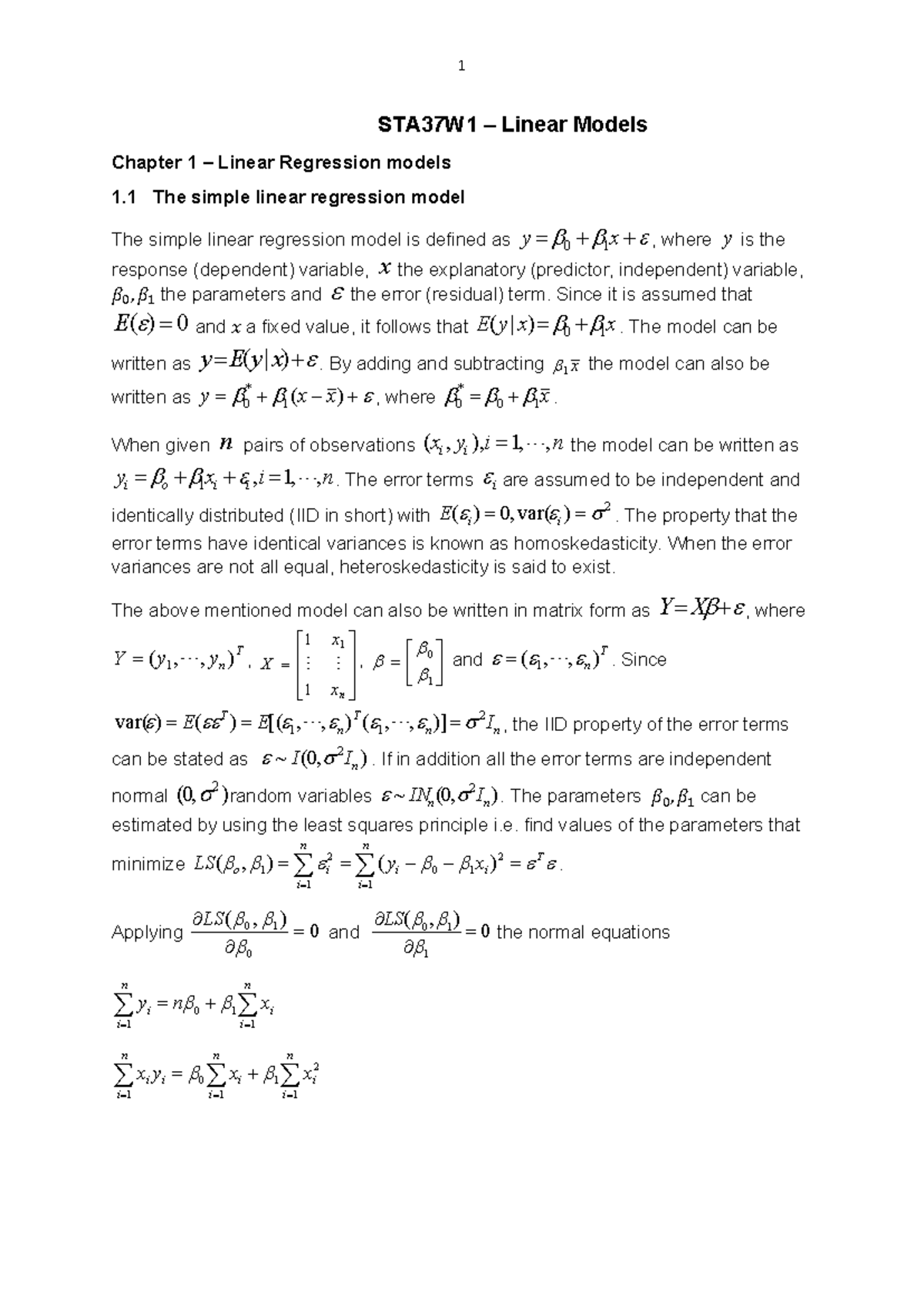 STA37W1 Linear Models Lecture Notes: Simple & Multiple Regression - Studocu