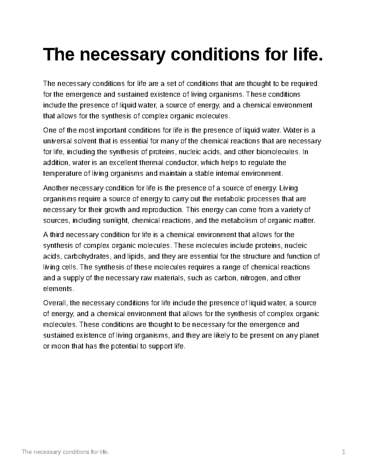 The necessary conditions for life - 1 The necessary conditions for life ...