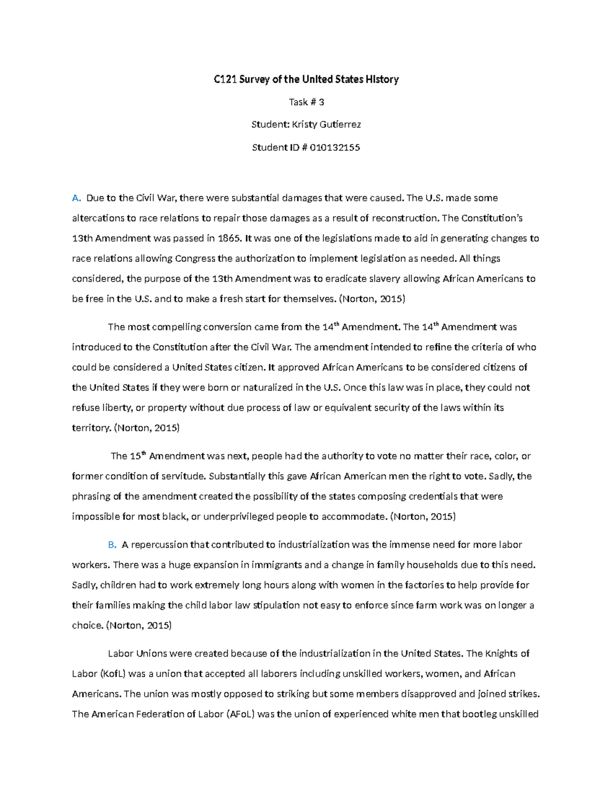 C121 Task 3 - Impact of Amendments on U.S. Social Changes - Studocu