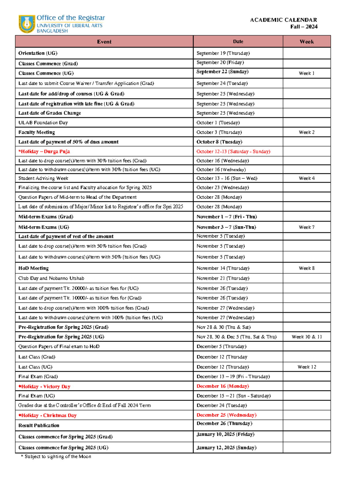 Academic Calendar for Fall 2024: Key Dates and Events - Studocu