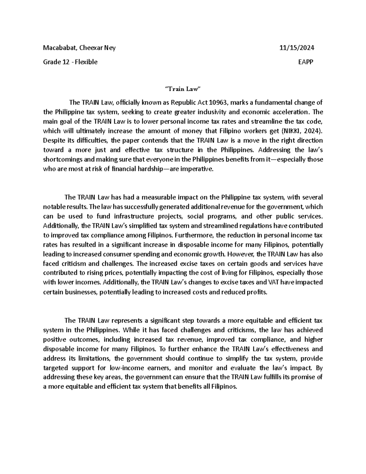 Grade 12 EAPP: Analyzing the Impact of the TRAIN Law - Studocu