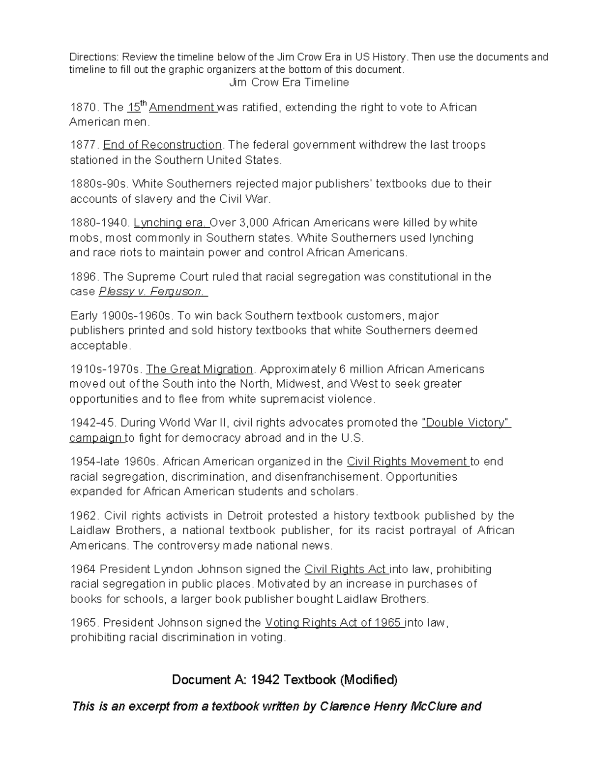 Jim Crow Era Timeline Review and Graphic Organizer Guide - Studocu