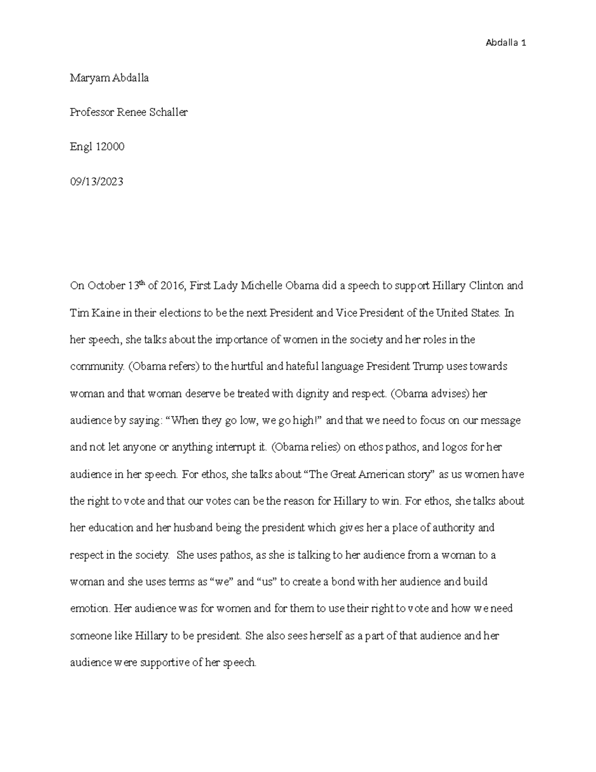 Engl 12000 Essay Notes: Analysis of Michelle Obama's Speech - Studocu