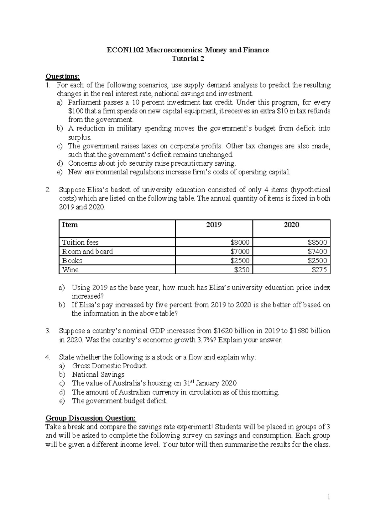 Tutorial 2 Questions - practical - 1 ECON1102 Macroeconomics: Money and ...