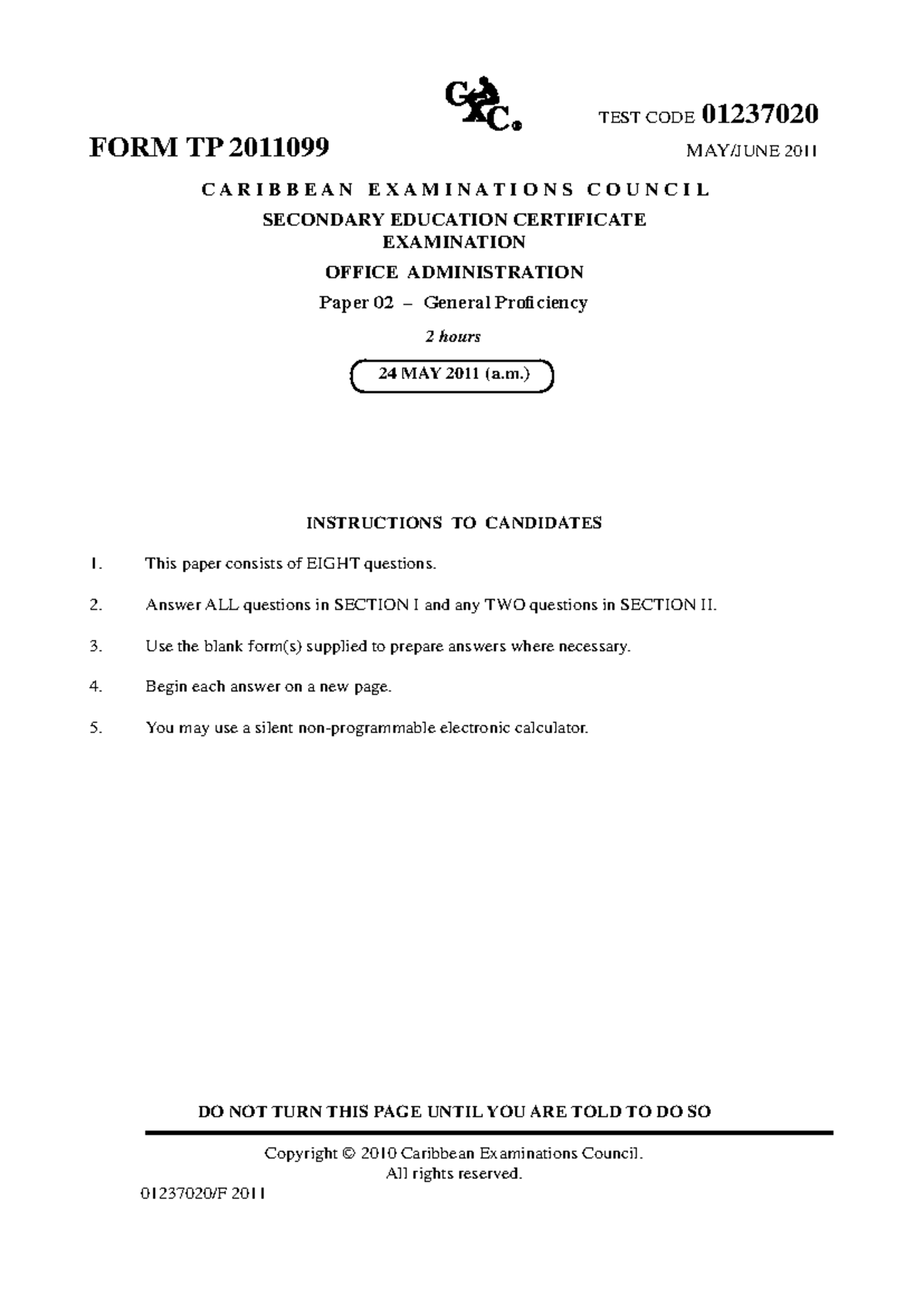 CSEC Office Administration Exam Paper 02 - General Proficiency June ...