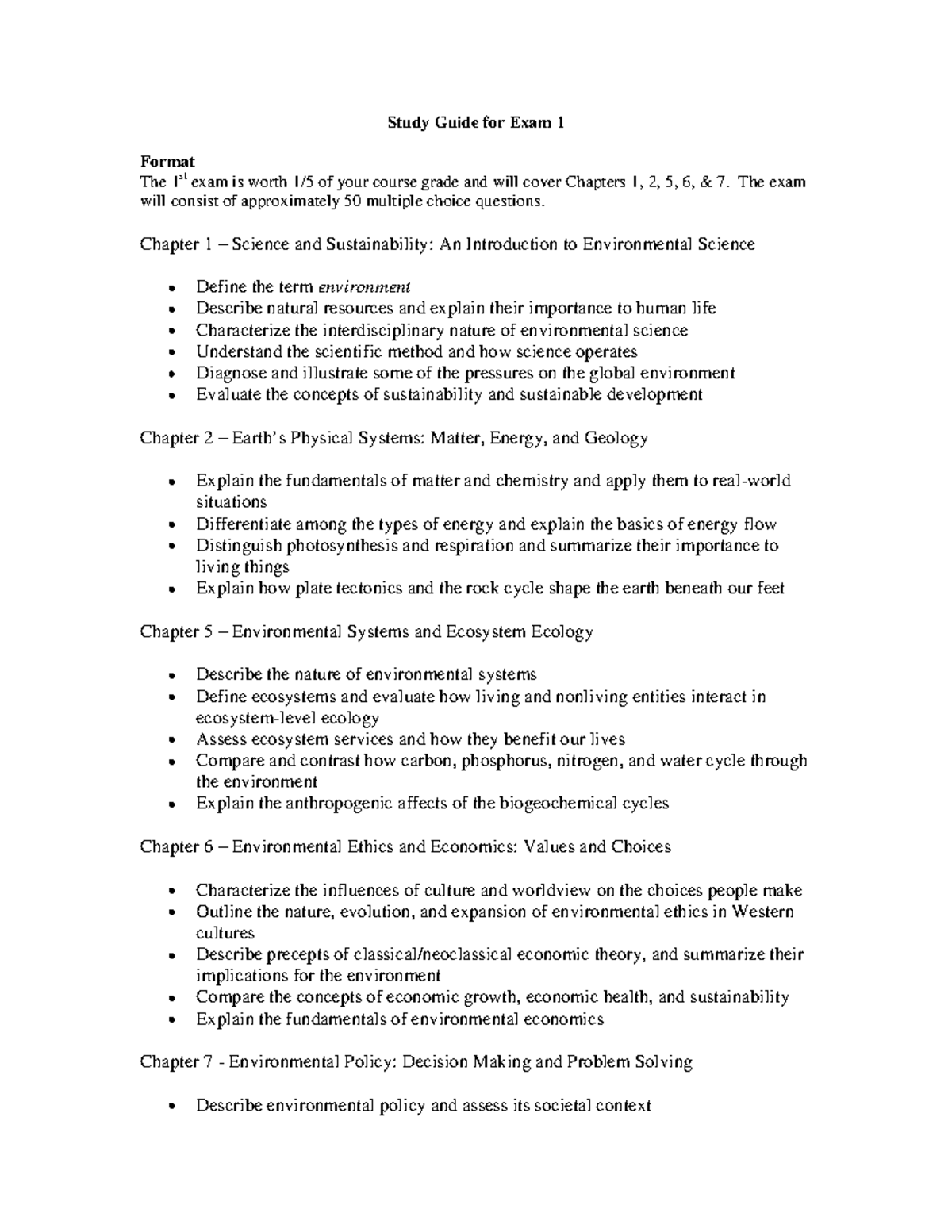 Study Guide for ENV101 Exam 1: Chapters 1, 2, 5, 6 & 7 - Study Guide ...