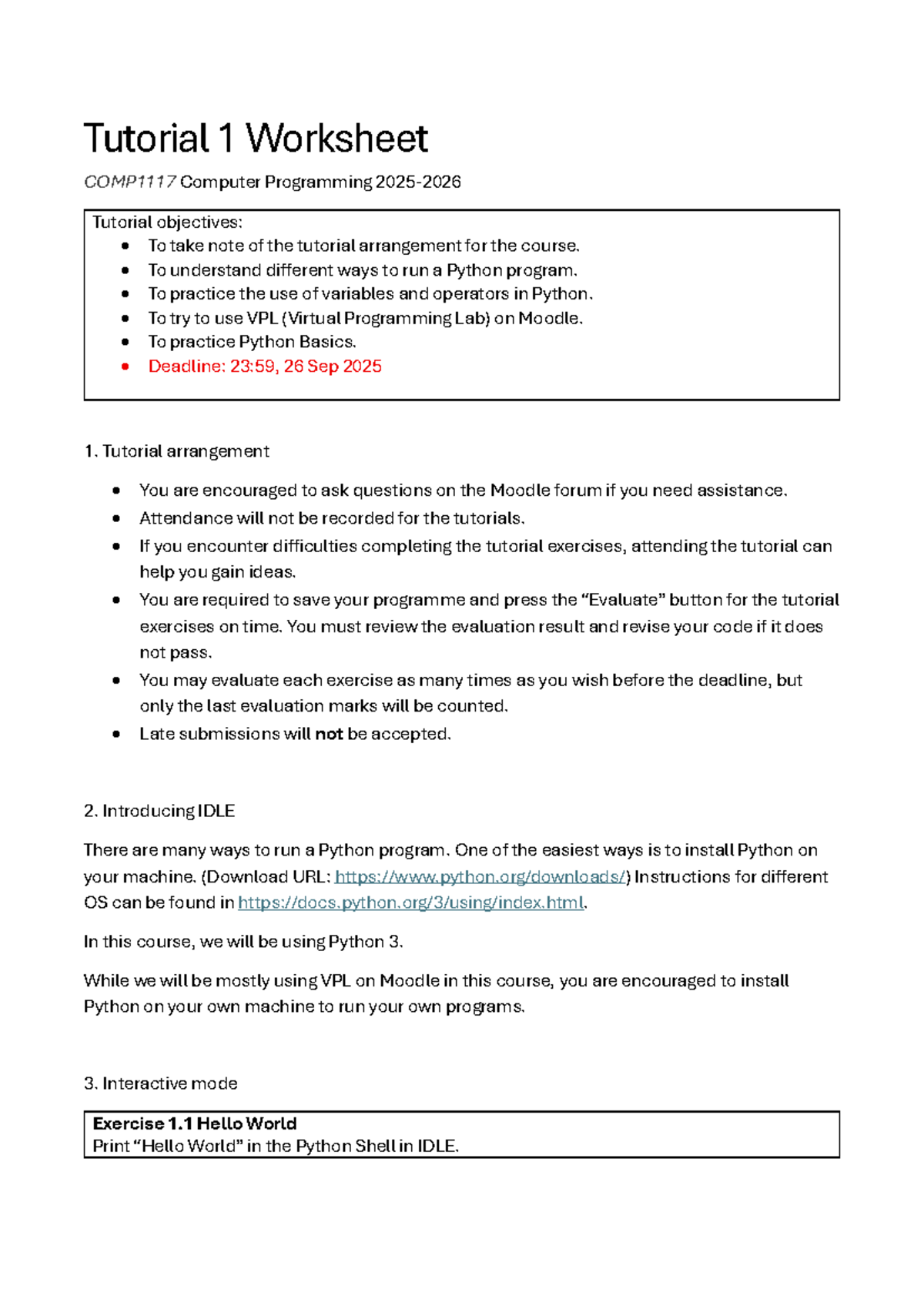T1 Worksheet: Python Programming Basics and Exercises - Studocu