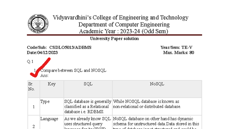 Adbms Dec 2023-24: SQL vs NoSQL Database Comparison and Concepts - Studocu