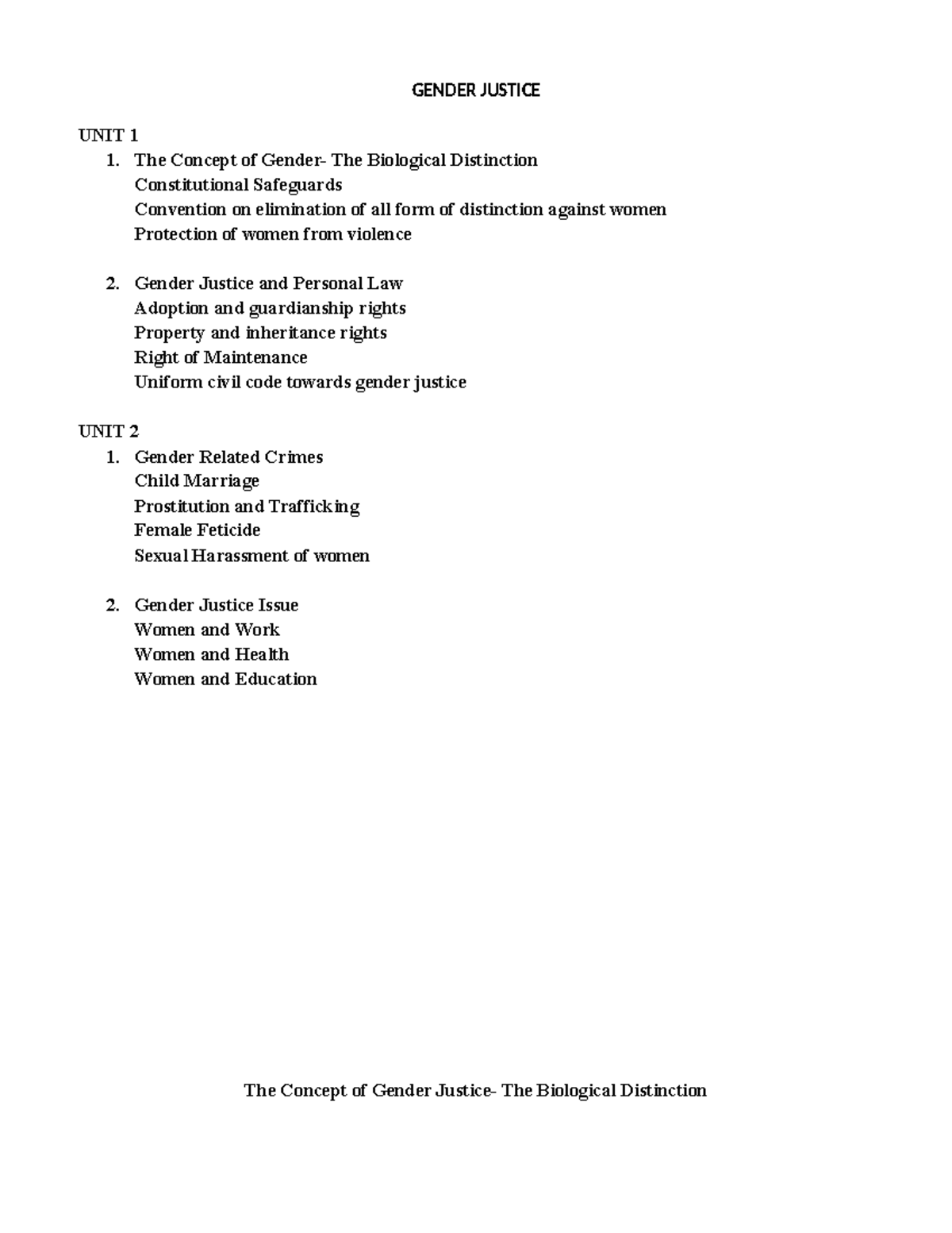 Gender Justice - Unit 1 & 2 Notes (Course Code: GJ101) - Studocu