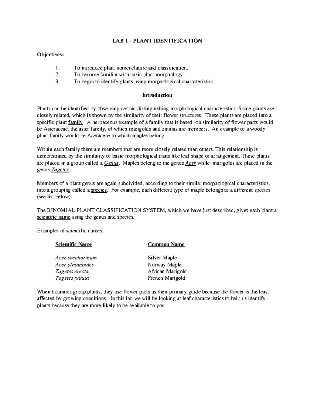 Lab 1 - Plant Identification Lecture Notes (Bio 101) - Studocu
