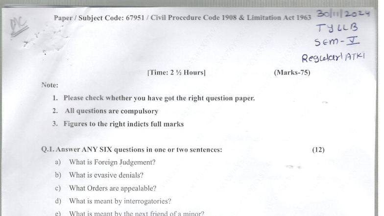 Civil Procedure Code 1908 & Limitation Act 1963 TYLLB Sem V Regular ...