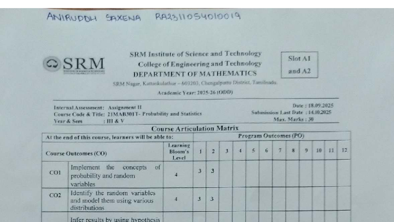 Probability and Statistics Assignment II - RA2311054010019 - Studocu