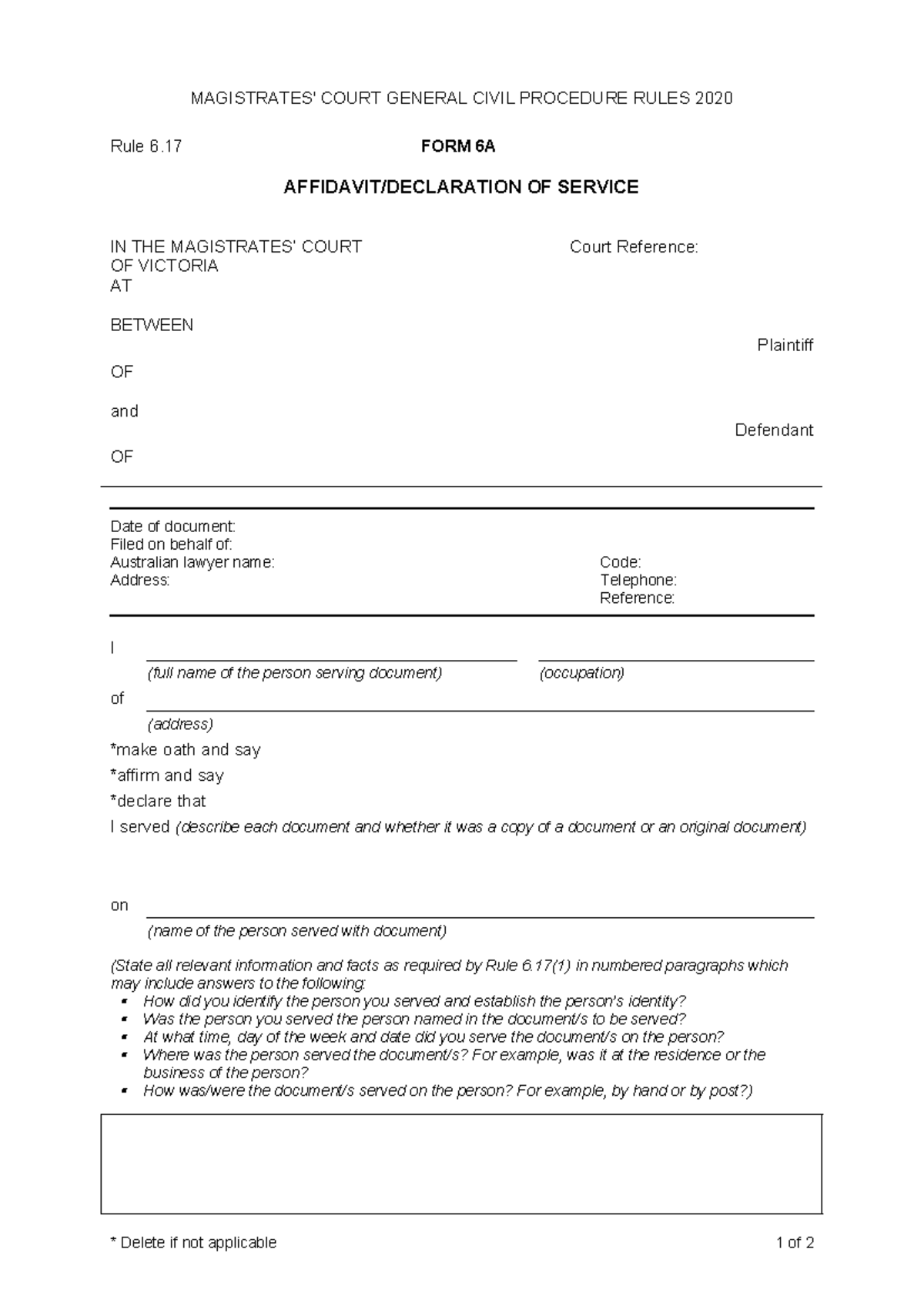 Form 6A - Affidavit/Declaration of Service in Magistrates' Court - Studocu