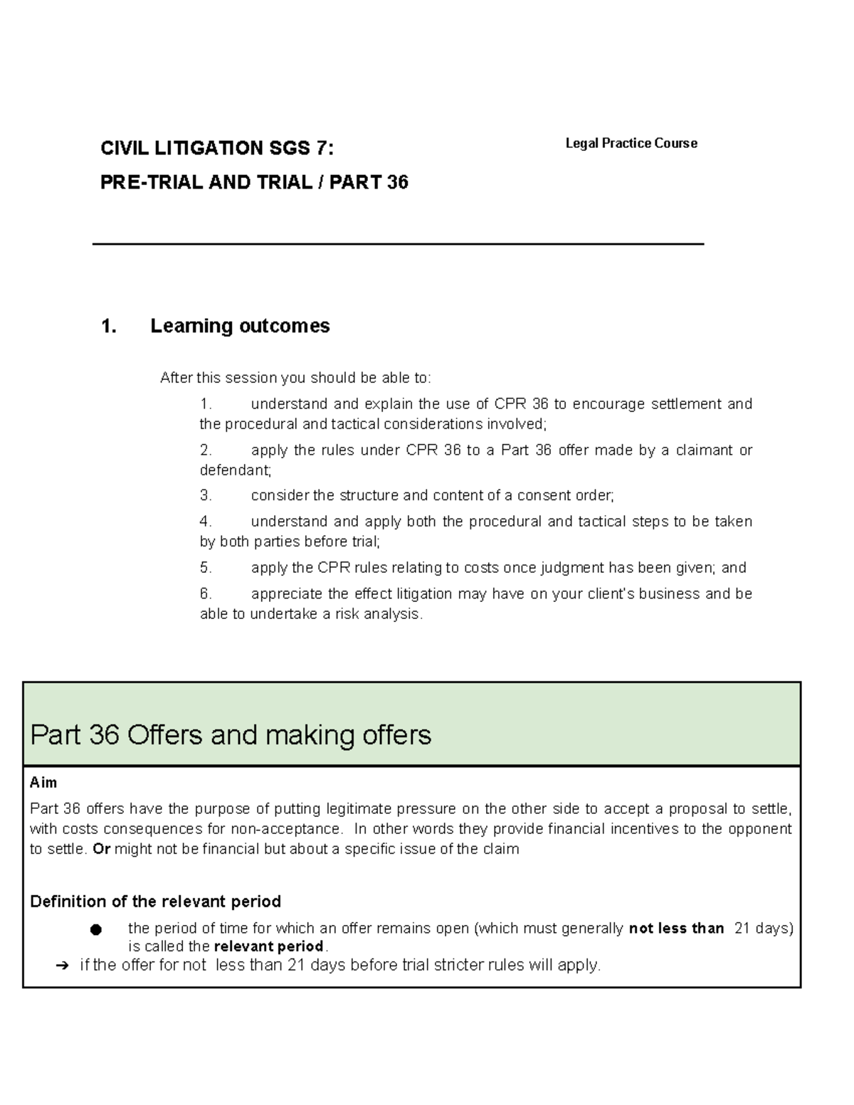 Part 36 LPC Notes - Civil Litigation Techniques for Settlements - Studocu