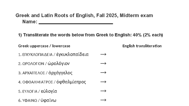 CLA110 Midterm Exam: Greek and Latin Roots of English - Studocu