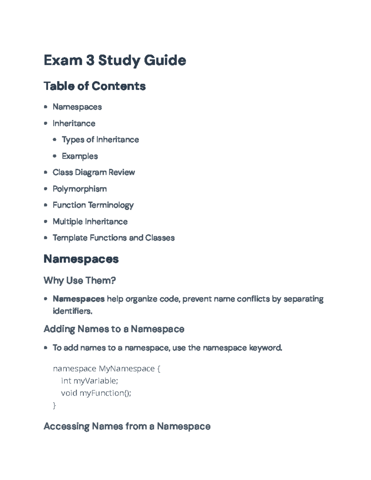C++ Exam 3 Study Guide: Key Concepts and Inheritance Overview - Exam 3 Study Guide Table of ...