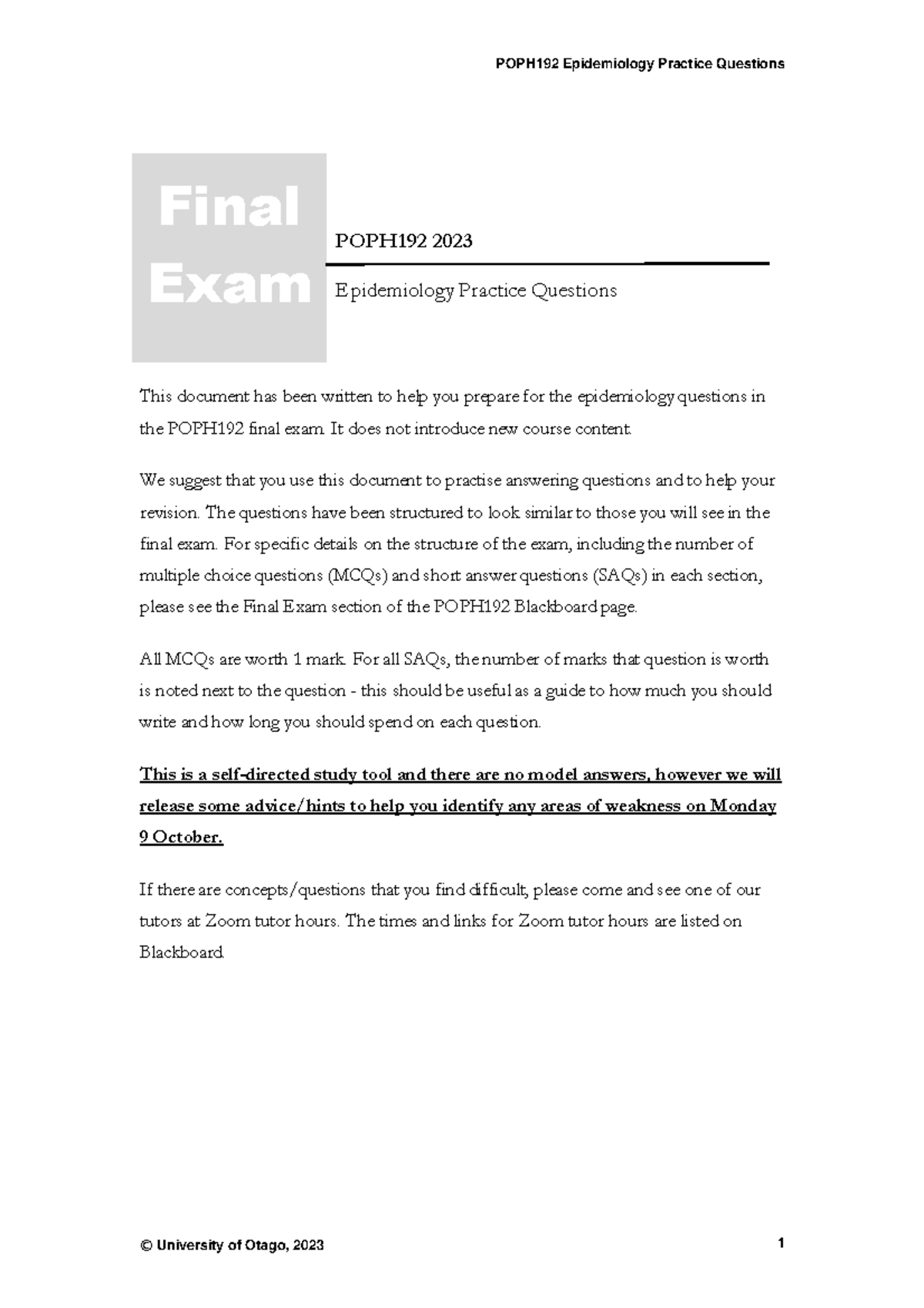 Epidemiology Practice Questions - POPH192 2023 Epidemiology Practice ...