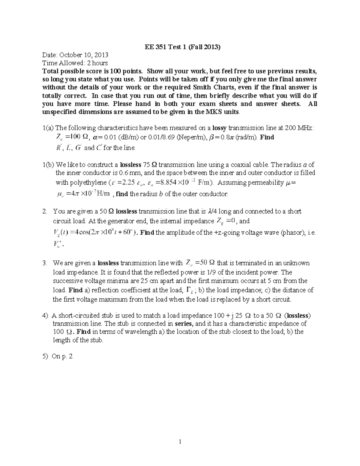 EE 351 Test 1 (Fall 2013) - Detailed Solutions and Answers - Studocu