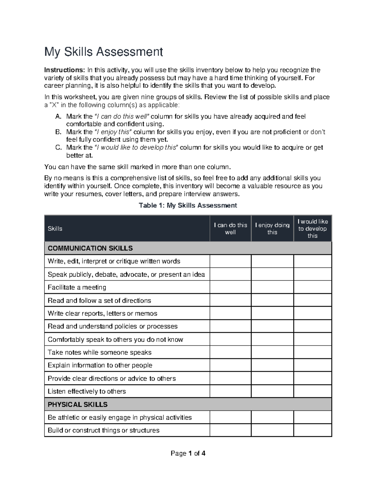 Skills Assessment Worksheet: Identifying and Developing Your Skills ...