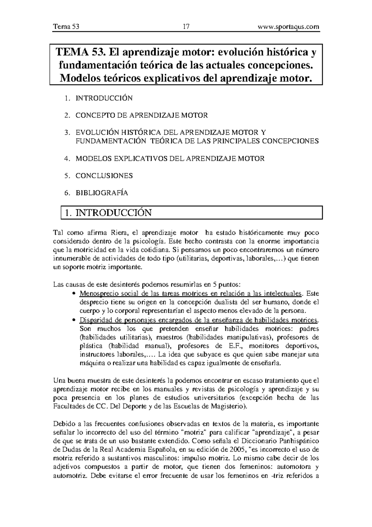 Tema 53: El Aprendizaje Motor y sus Modelos Explicativos - Studocu