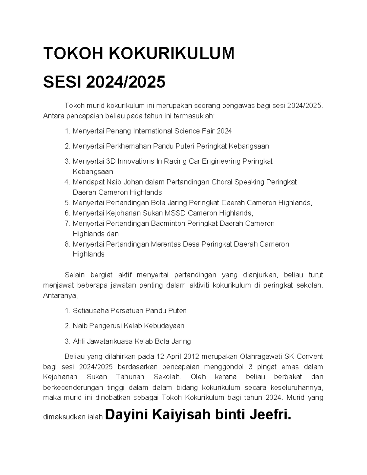 TEKS Tokoh Kokurikulum 2024: Pencapaian Dayini Kaiyisah - Studocu