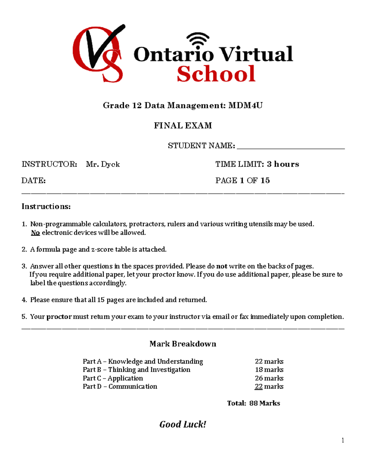 MDM4U Grade 12 Data Management Final Exam by Mr. Dyck - 15 Pages - Studocu