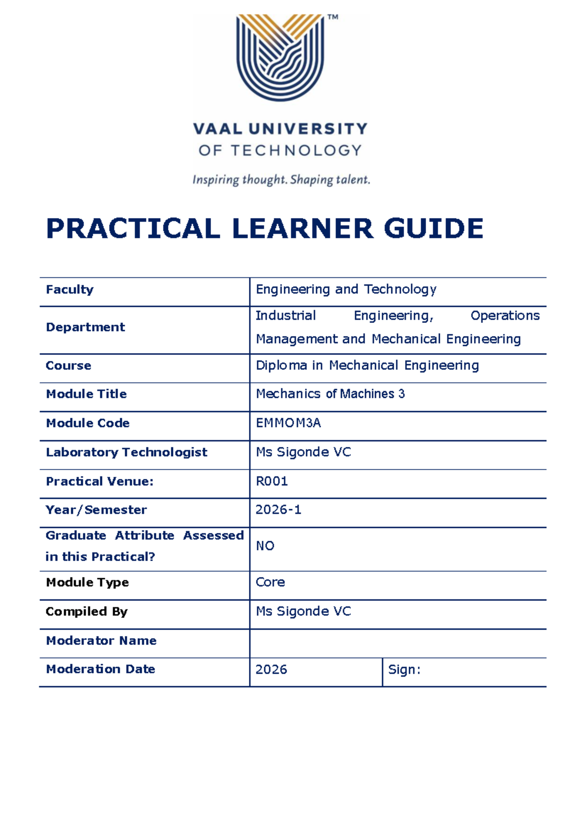 EMMOM3A Practical Learner Guide: Mechanics of Machines 3 (2026) - Studocu