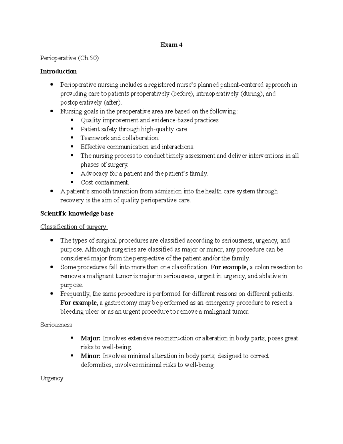 Perioperative Nursing Foundations (NUR 450) Exam 4 Notes - Studocu