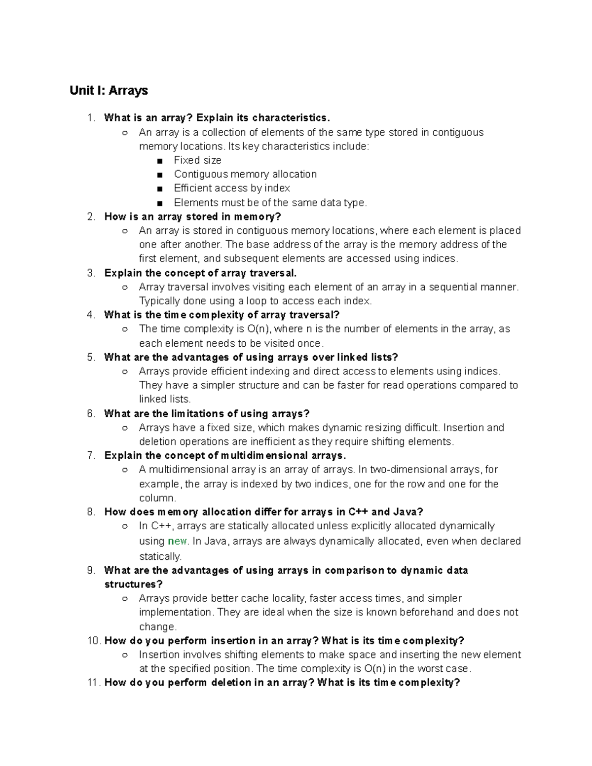 DSA Viva Questions - Unit I: Arrays What is an array? Explain its characteristics. An array is a ...