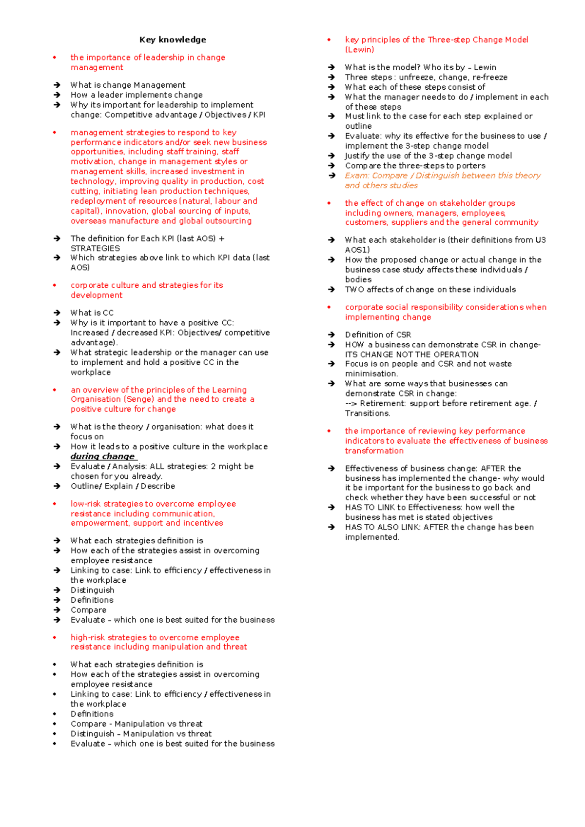 Unit 4 AOS2: Leadership in Change Management - Key Knowledge Notes ...