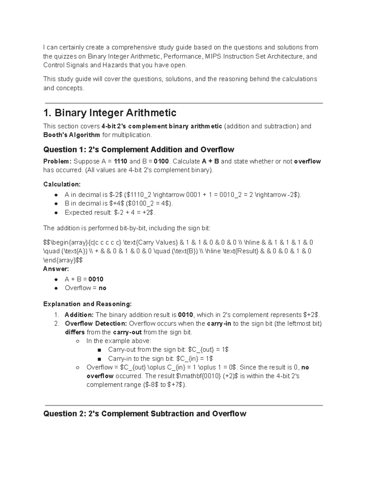Study Guide: Binary Integer Arithmetic & MIPS - Studocu