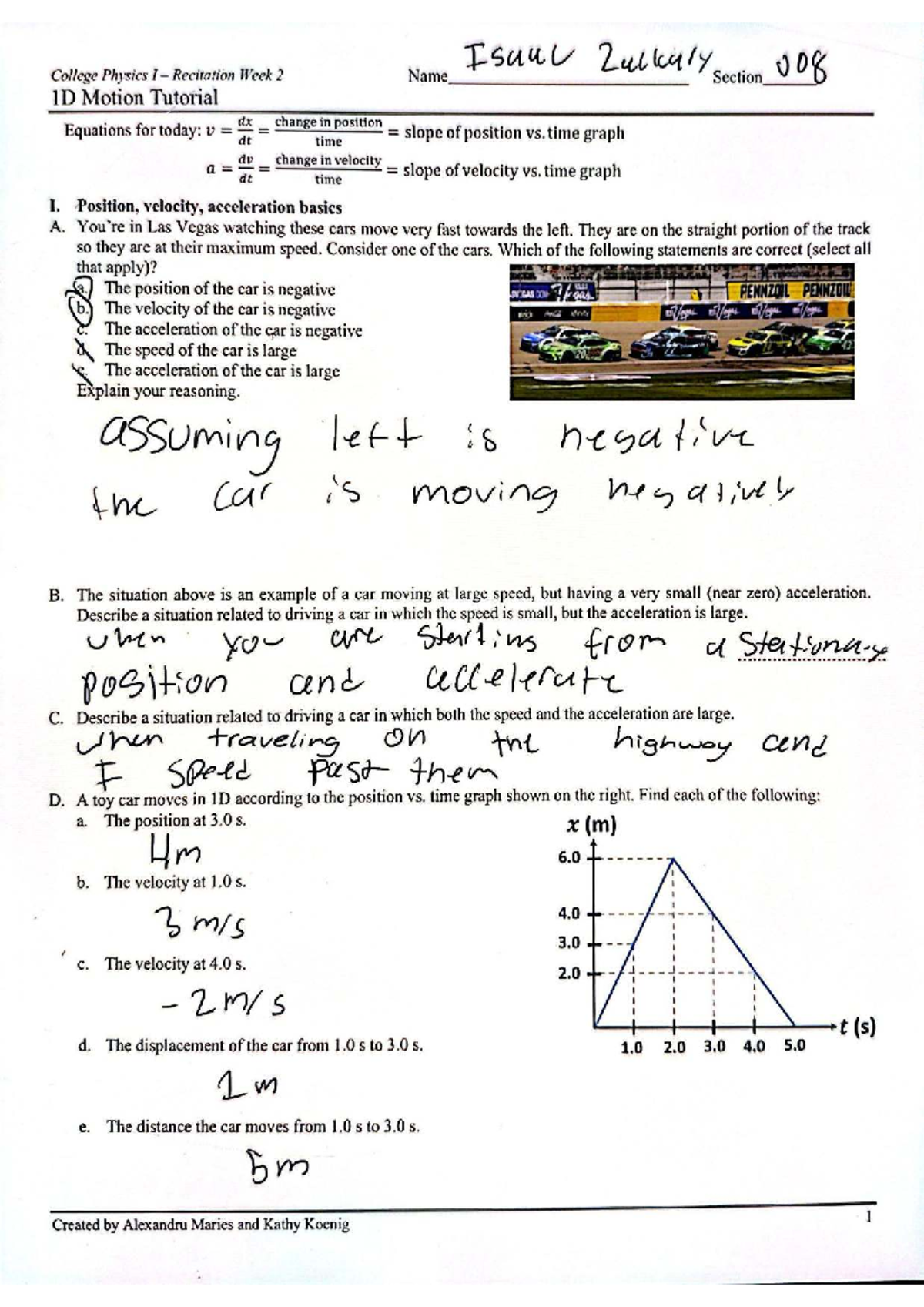 College Physics I Recitation Wk 2: 1D Motion & Graphing Concepts - Studocu