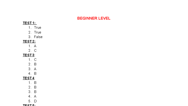 BEGINNER LEVEL TEST ANSWERS: TRUE/FALSE & MULTIPLE CHOICE - Studocu