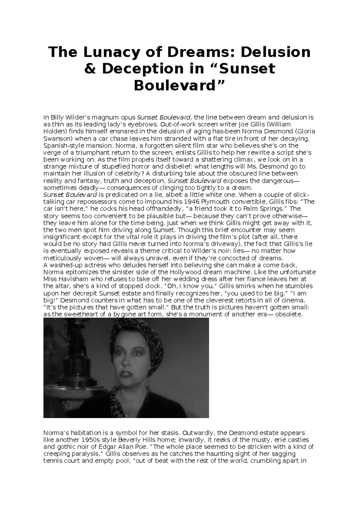 Sunset Boulevard (VCE Text Response): Examining Delusion & Reality ...