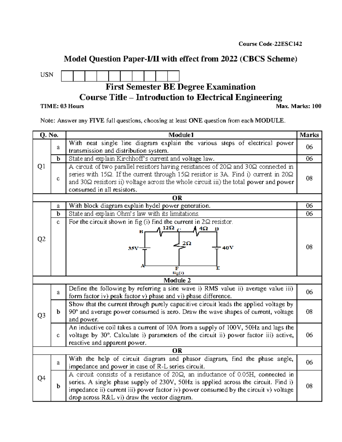 22ESC142 Introduction to Electrical Engineering - Course Code-22ESC Model Question Paper-I/II ...