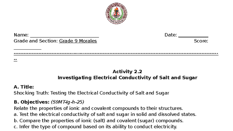 Grade 9 Chemistry Lab: Electrical Conductivity of Salt vs. Sugar - Studocu