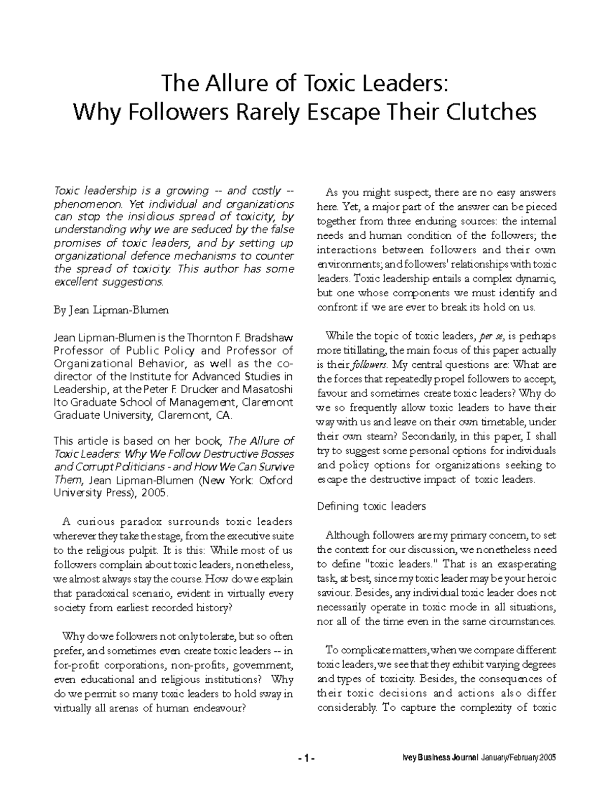 The Allure of Toxic Leaders: Insights on Followers' Dynamics - Studocu