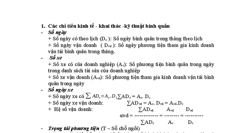 Chỉ tiêu Kinh tế Khai thác Vận tải - CTHUC KTVT - Studocu